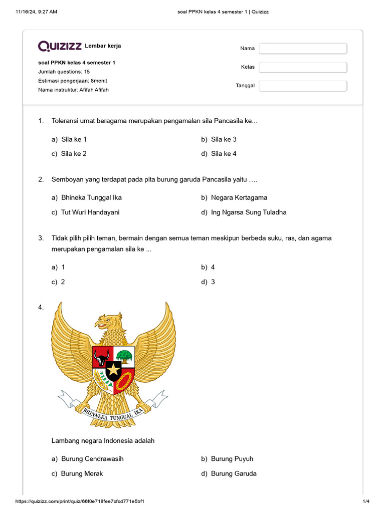 Soal PPKN Kelas 4 Semester 1 - Quizizz | PDF