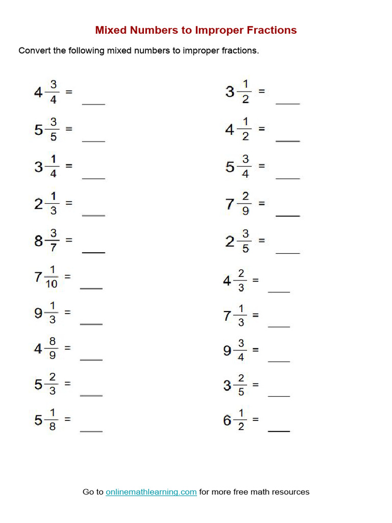 Mixed Number Improper Fraction Worksheet | PDF