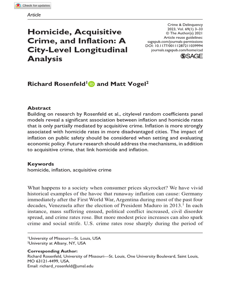 Rosenfeld Vogel 2021 Homicide Acquisitive Crime and Inflation A City ...