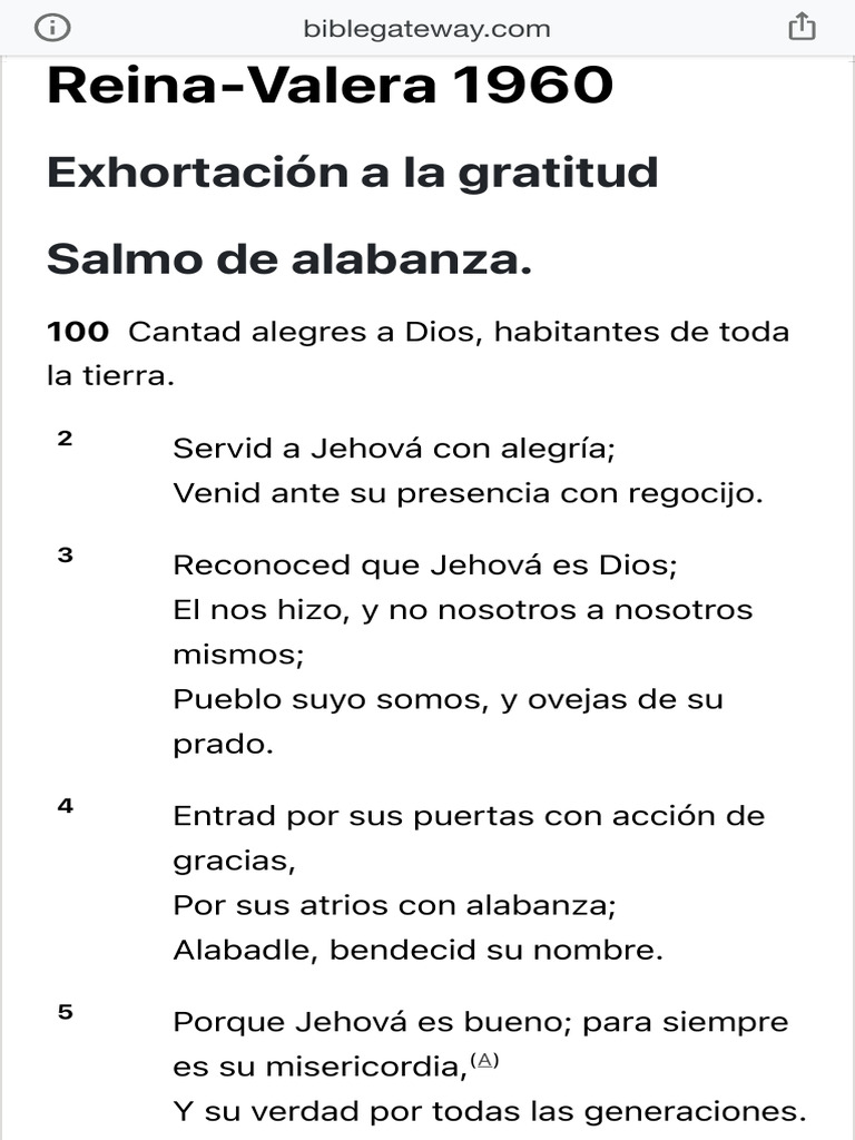 Salmos 100 RVR1960 - Exhortación A La Gratitud - Salmo de - Bible ...