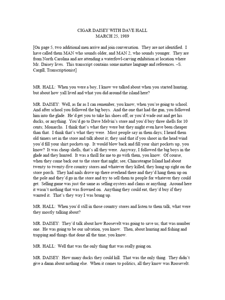 Cigar Daisey - Hall Interview Transcript (March 1989) | PDF | Mystery, Thriller & Crime Fiction