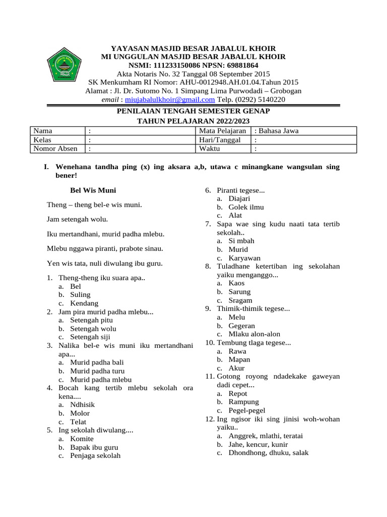 Soal PTS Bahasa Jawa Kelas 2 Semester 2 (MI) | PDF