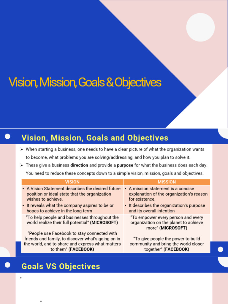 Lesson 4 Vision Mission Goals Objectives | PDF | Goal | Motivation