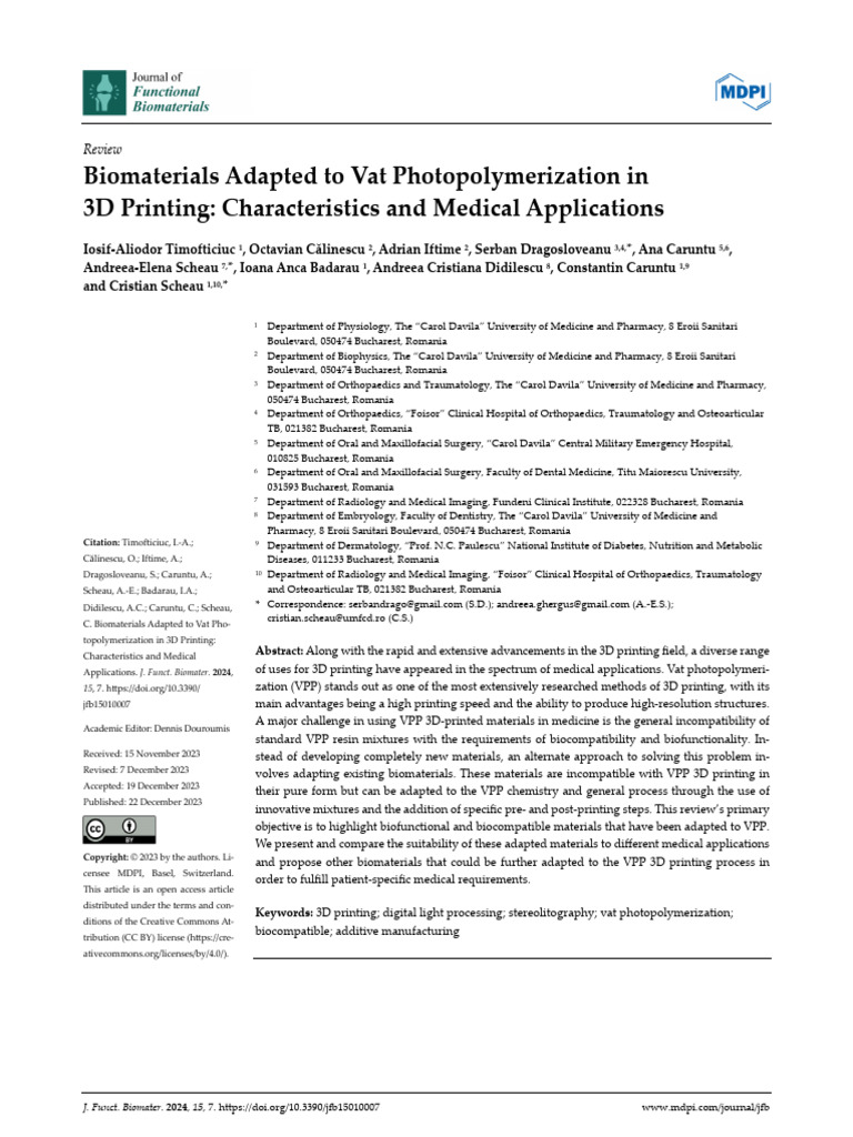 Biomaterials Adapted To Vat Photopolymerization in | PDF | 3 D Printing ...