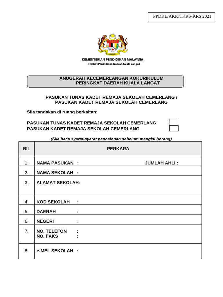 02b AKK BORANG TKRS KRS CMERLANG 2021 | PDF