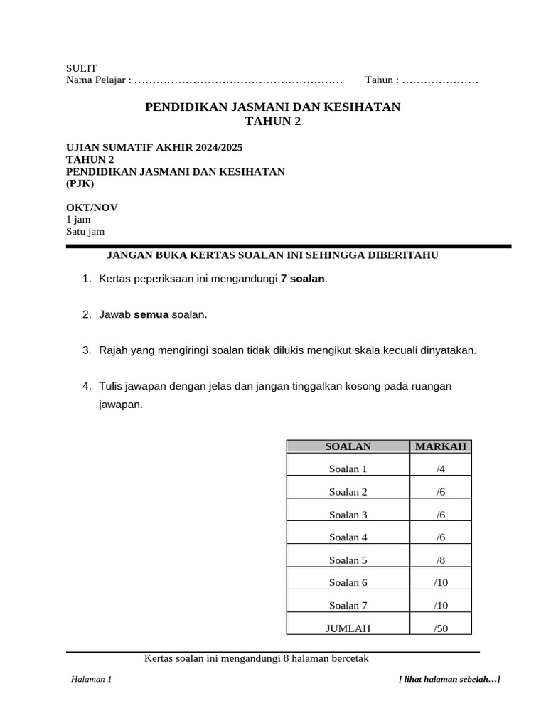 Uasa PJK THN 2 Set 1 2024 2025 | PDF