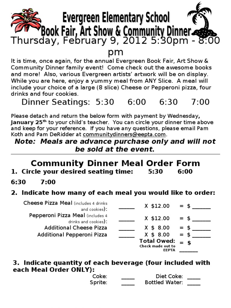 2012 Book Fair Community Dinner Order Form Any Slice | PDF