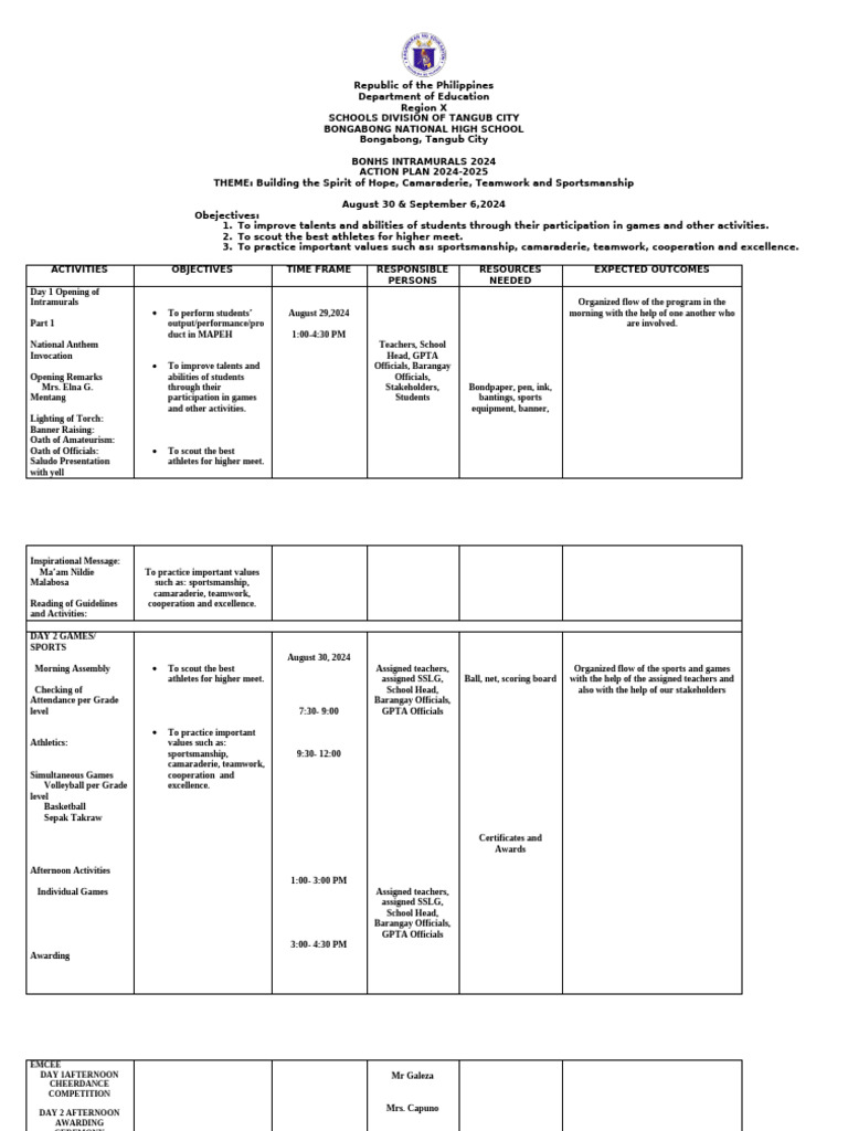 Action Plan Sports and Intrams | PDF | Sports