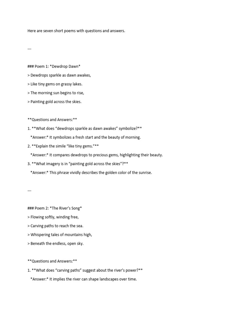 Here Are Seven Short Poems With Questions and Answers | PDF | Art ...