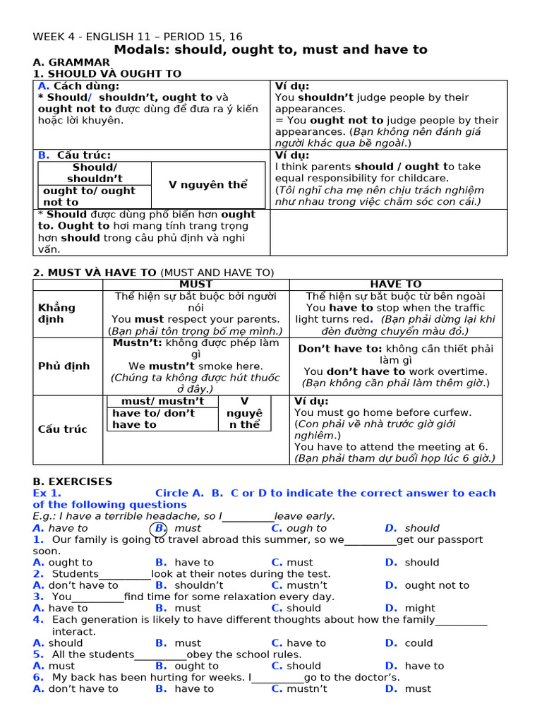 P15,16 - Modals - Should - Ought To - Must - Have To | PDF ...
