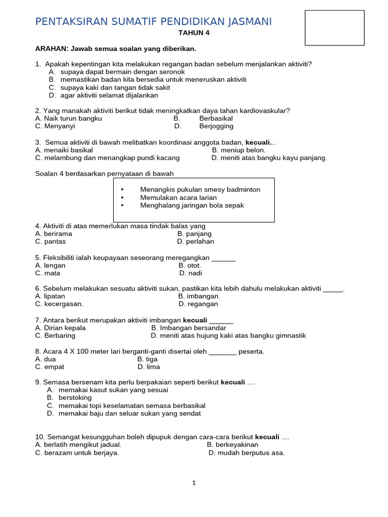 Uasa Pendidikan Jasmani Tahun 4 | PDF