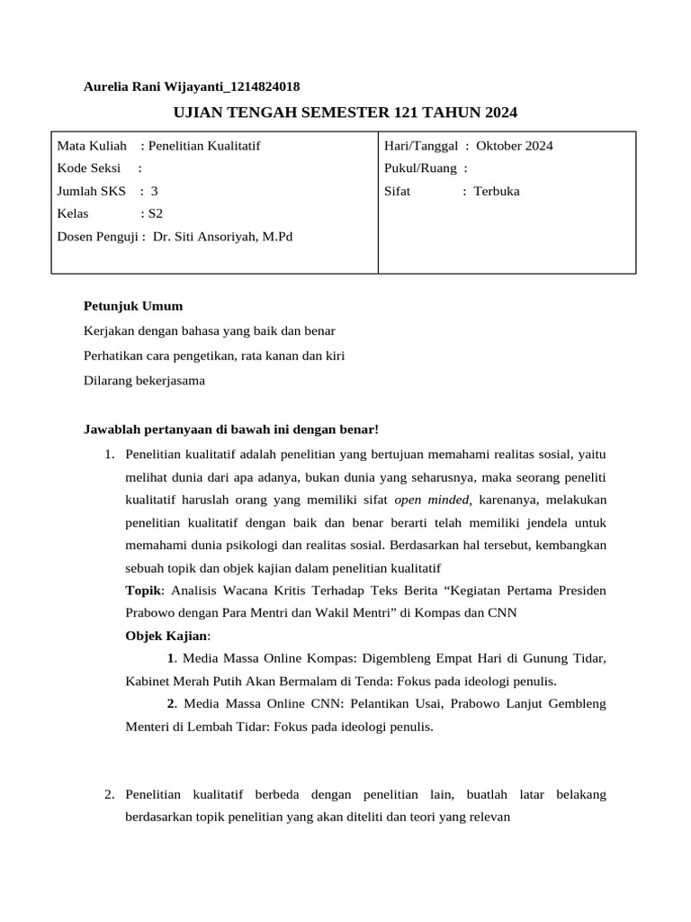 UTS Aurel Penelitian Kualitatif | PDF | Sains & Matematika