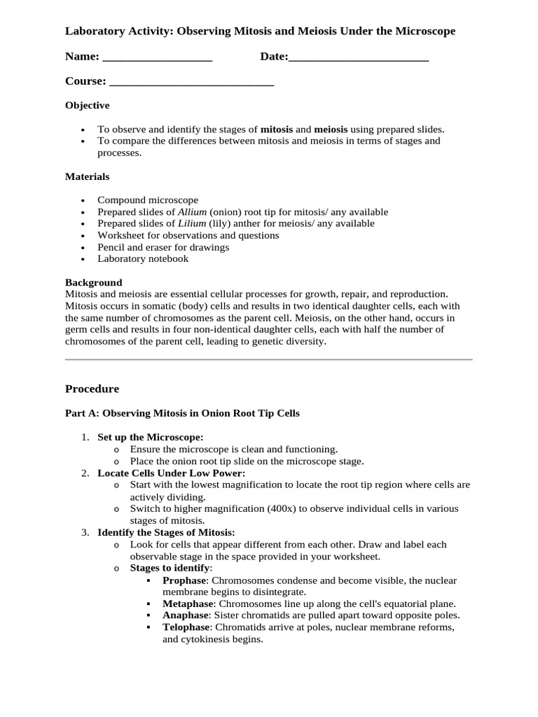 Mitosis and Meiosis Lab Activity Guide | PDF | Meiosis | Mitosis