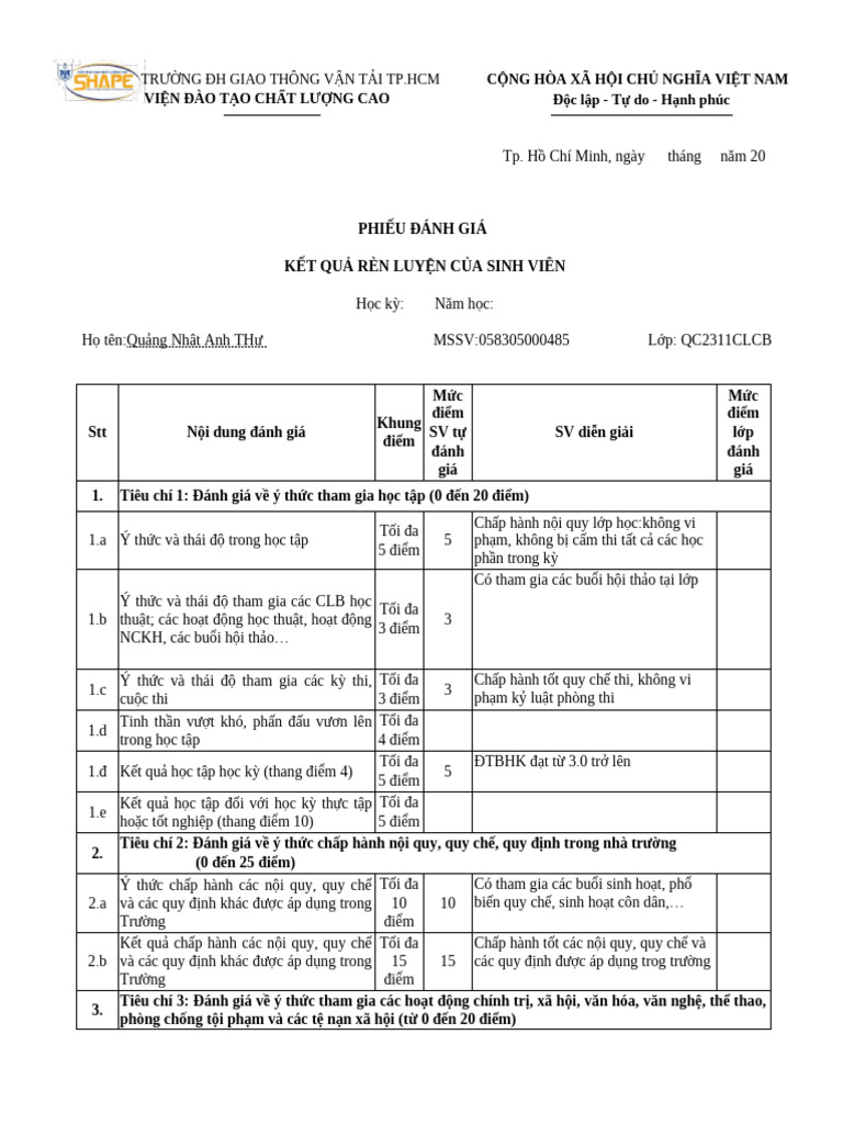Mau Phieu SV Tu Danh Gia - MSSV - Ten | PDF