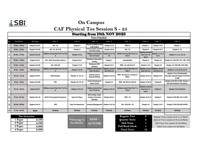 CAF Test Schedule and Fee Structure | PDF