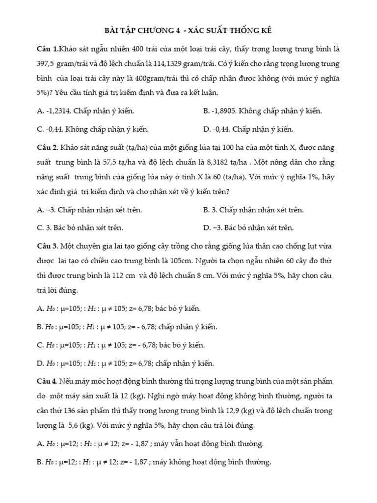 BÃ I Táº - P ChÆ°Æ¡ng 4 - XSTK | PDF