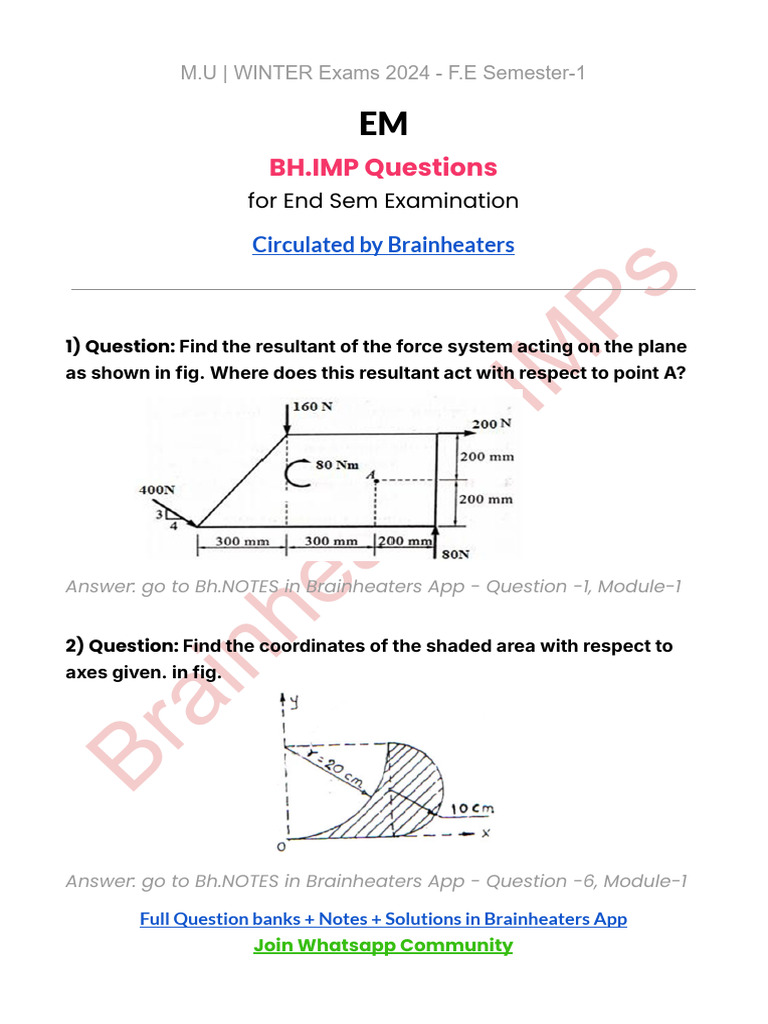 EM FE Sem1 Final Exam IMPs | PDF | Velocity | Acceleration