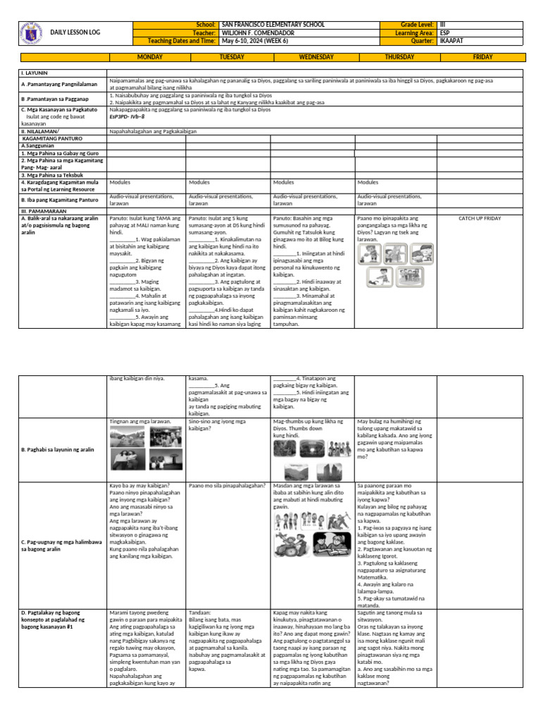 DLL - ESP 3 - Q4 - W6 - Nakapagpapakita NG Paggalang Sa Paniniwala NG Iba Tungkol Sa Diyos ...