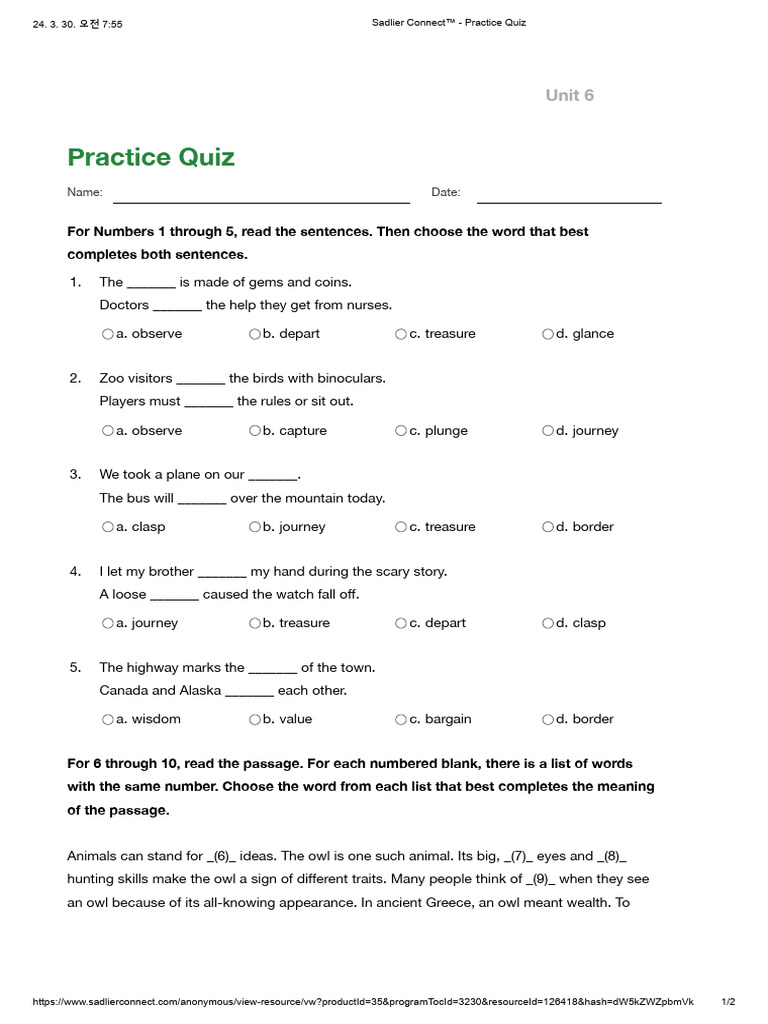 Sadlier Connect™ - Practice Quiz6 | PDF | Owl