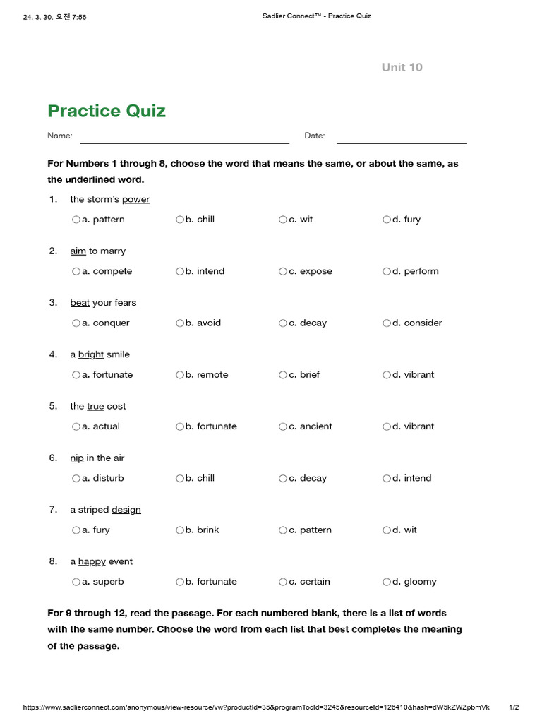 Sadlier Connect™ - Practice Quiz10 | PDF