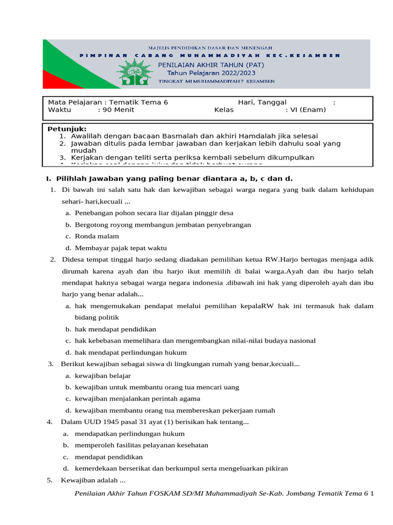 Soal PAT Tema 6 | PDF