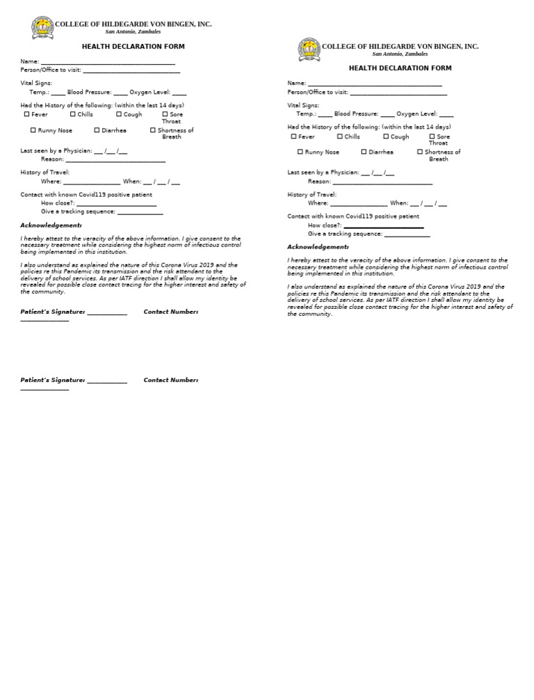 HEALTH DECLARATION FORM | PDF | Immunology | Animal Diseases