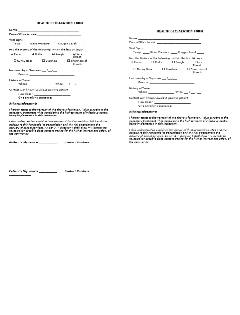Health Declaration Form1 | PDF | Infection | Epidemiology