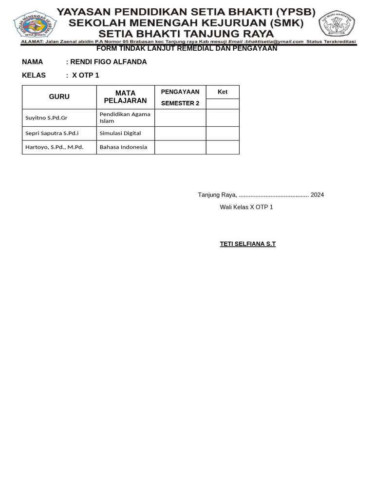 Form Tindak Lanjut Remedial Dan Pengayaan X Otp 1 | PDF