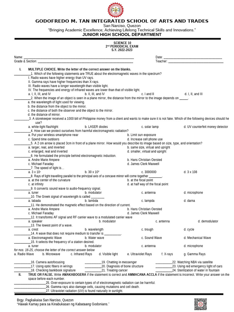 2nd QUARTER FINAL EXAM G10 | PDF | Electromagnetic Spectrum | Electromagnetic Radiation