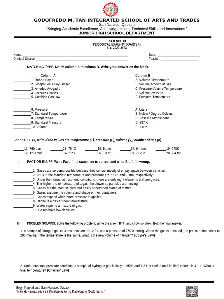 4TH Quarterly Science 10 | PDF | Gases | Temperature