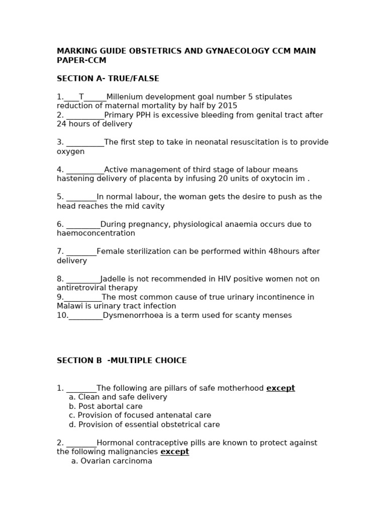 Obstetrics and Gynaecology CCM Main Paper | PDF | Childbirth | Birth ...