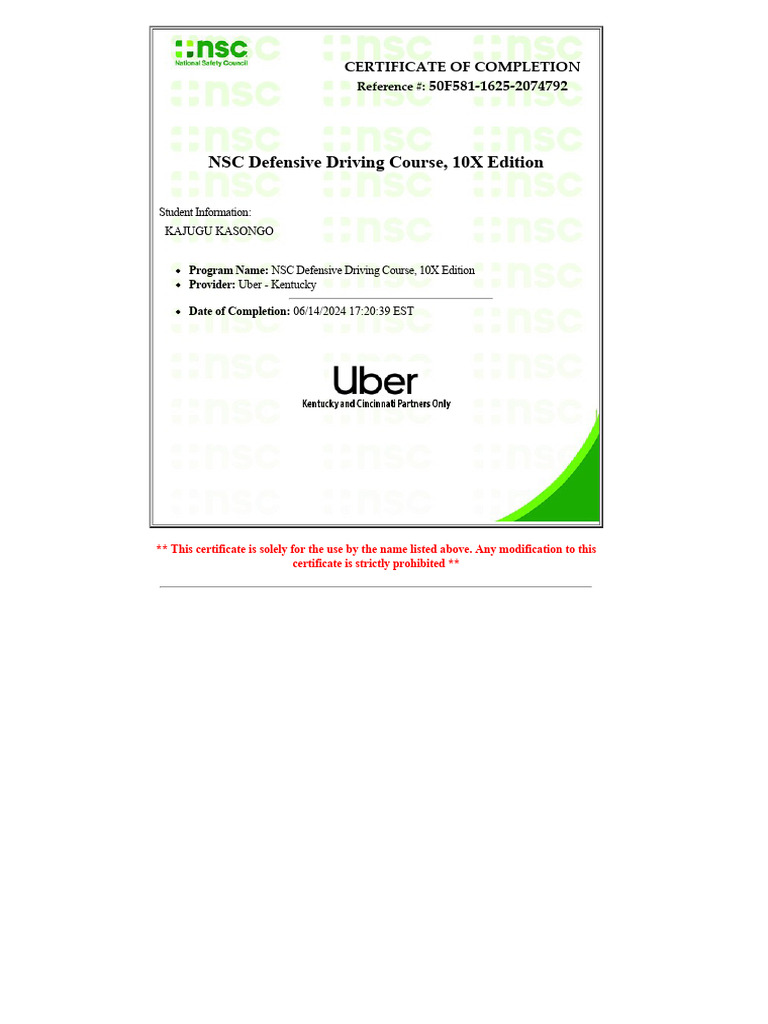 NSC Defensive Driving Certificate - Uber | PDF | Computers