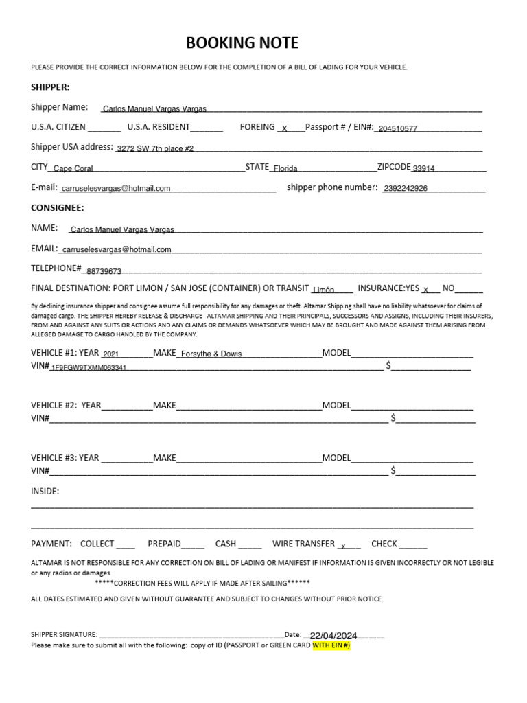 Vehicle Shipping Booking Note Form | PDF | Cargo | Bill Of Lading
