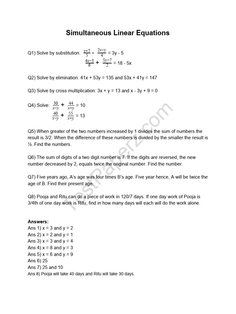 Linear Equations Sheet 1 FOR 8TH | PDF | Teaching Methods & Materials