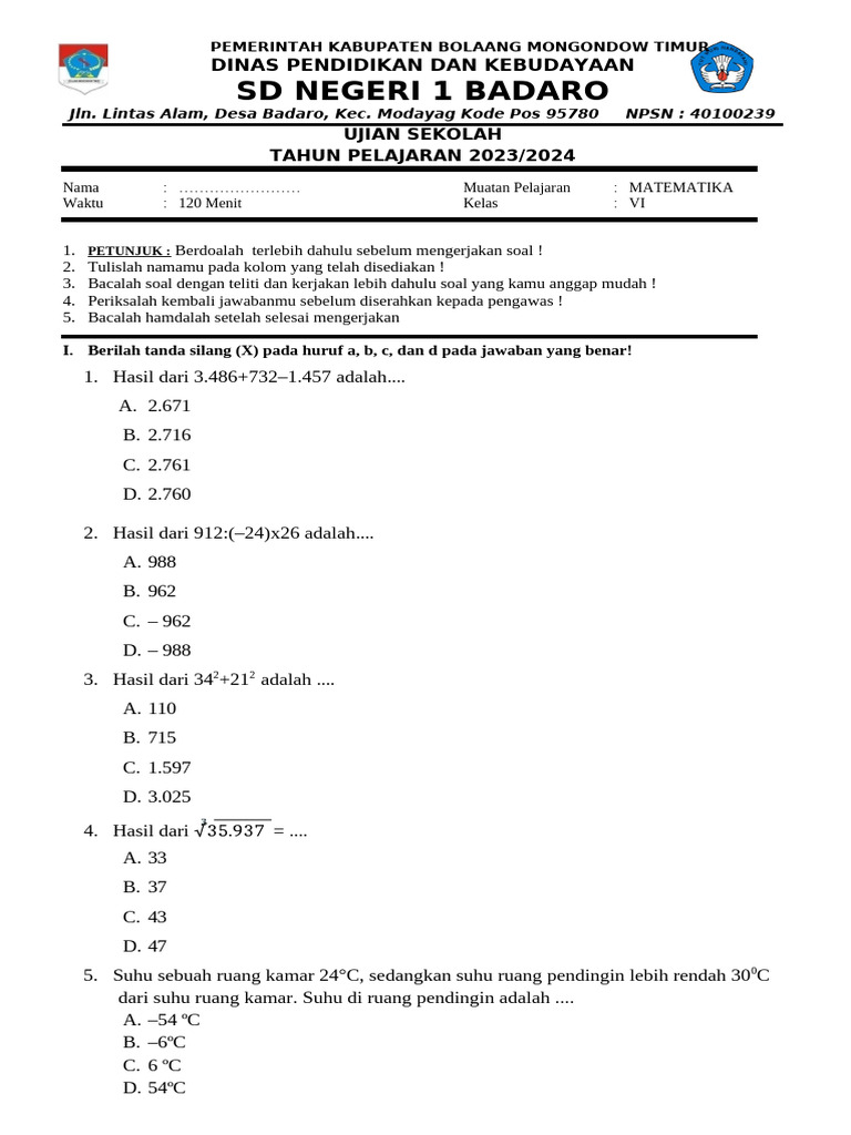 Soal Us SD - Matematika | PDF