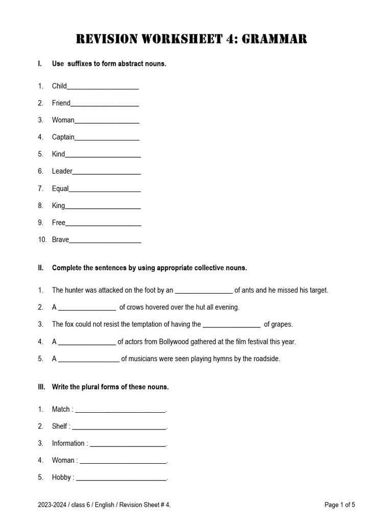Class 6 English Revision Sheet 2023-2024 | PDF | Languages | Foreign ...