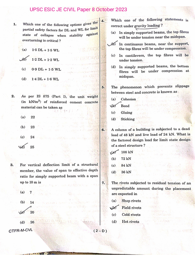 UPSC ESIC JE CIVIL Paper 8 October 2023 | PDF