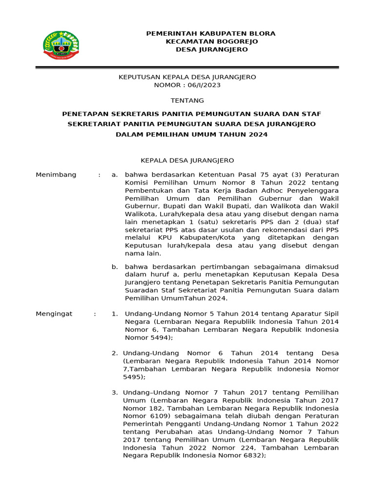 Penetapan Sekretaris PPS 2024 | PDF