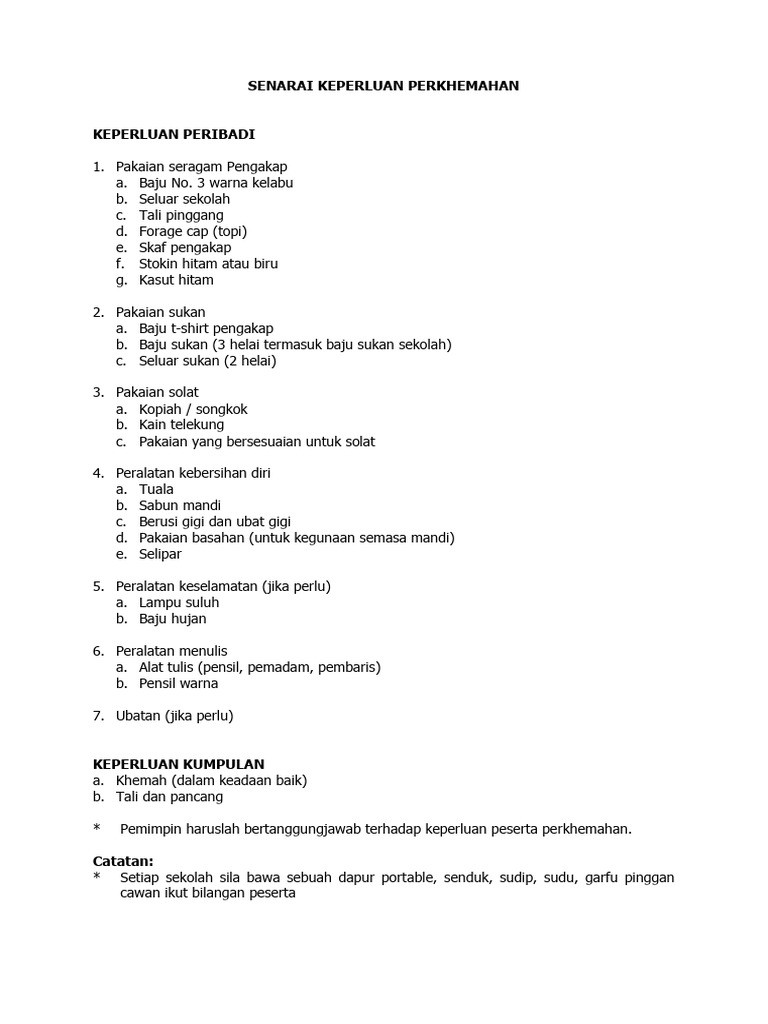 Senarai Keperluan Perkhemahan | PDF