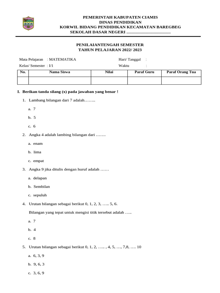 Soal PTS Matematika Kelas 1 | PDF | Kajian Bahasa Asing