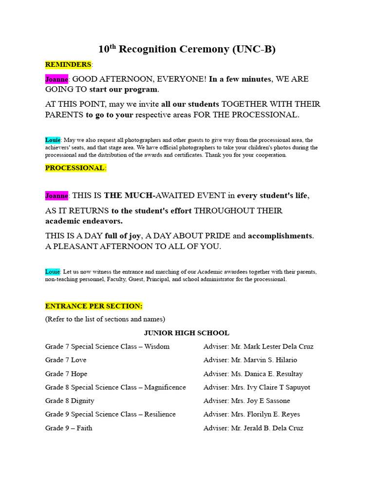 JO10th Recognition Ceremony High School SCRIPT | PDF | Social Science | Wellness