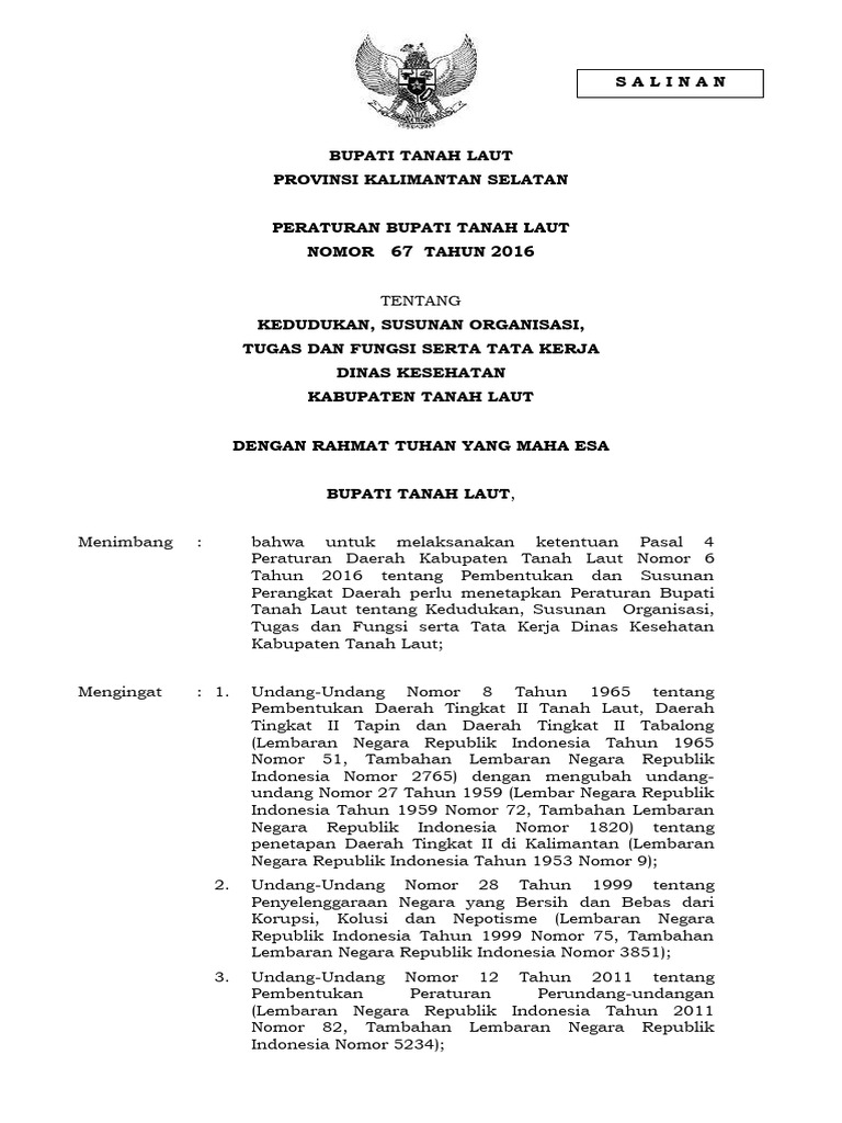 Perbup Tanah Laut Nomor 67 Tahun 2016 (1) SOTK | PDF