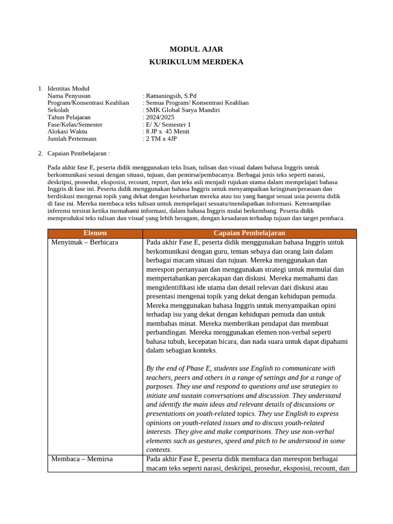 Modul Ajar Kelas X Introduction | PDF