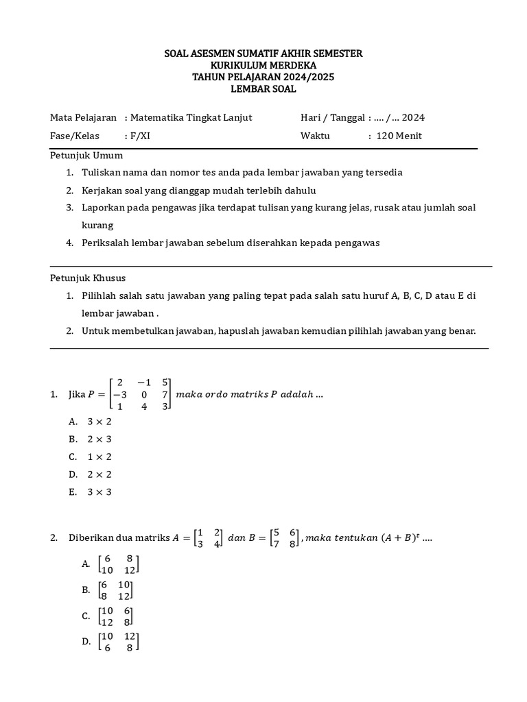 Soal Matematika Tingkat Lanjut Kelas Xi - Matriks | PDF