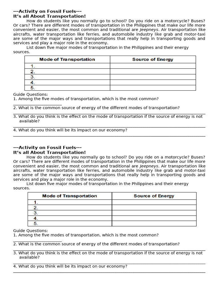 Activity On Fossil Fuels | PDF | Transport | Mode Of Transport