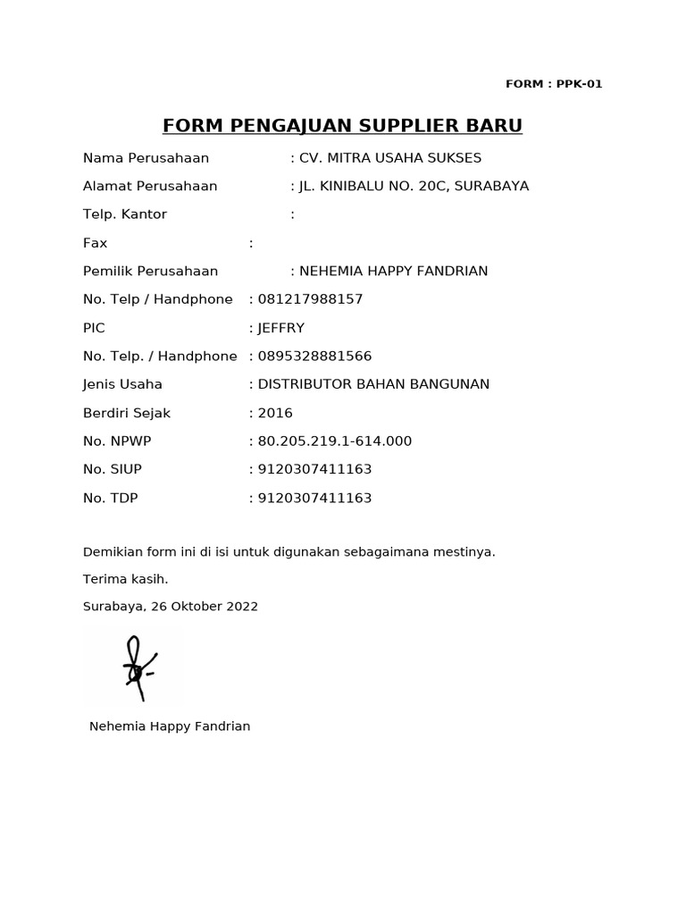 FORM PPK-01 (Form Pengajuan Supplier Baru) | PDF