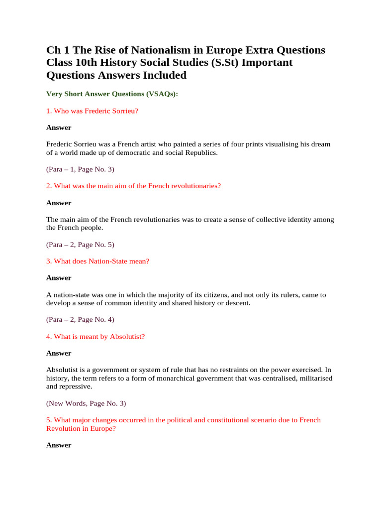 CH 1 The Rise of Nationalism in Europe Extra Questions Class 10th ...