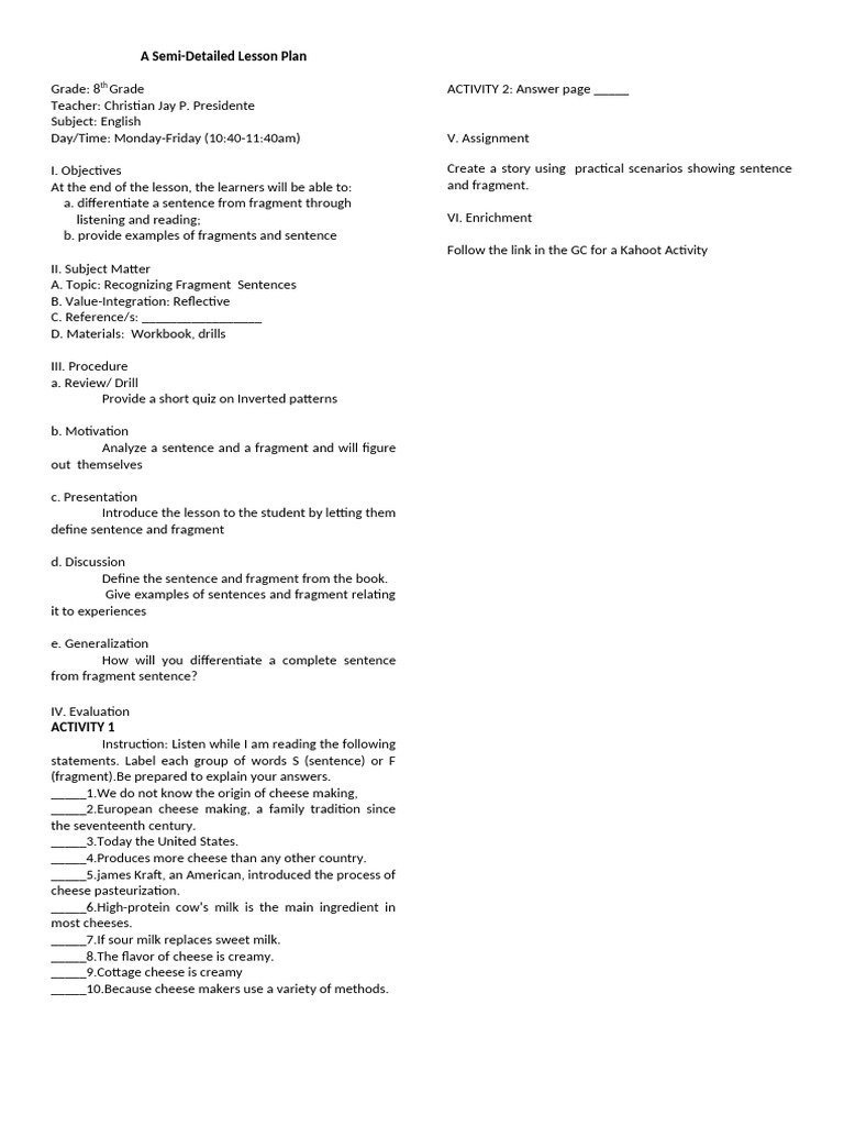 8th Grade Lesson Plan: Sentence Fragments | PDF