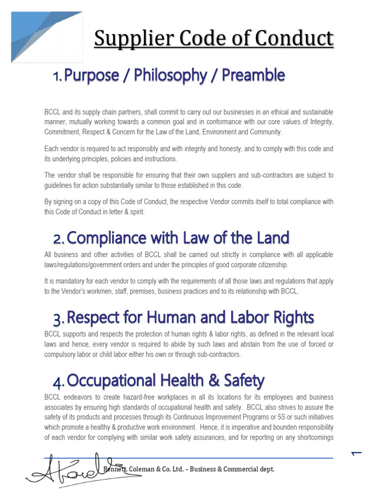 BCCL Supplier Code of Conduct | PDF | Business Law | Business