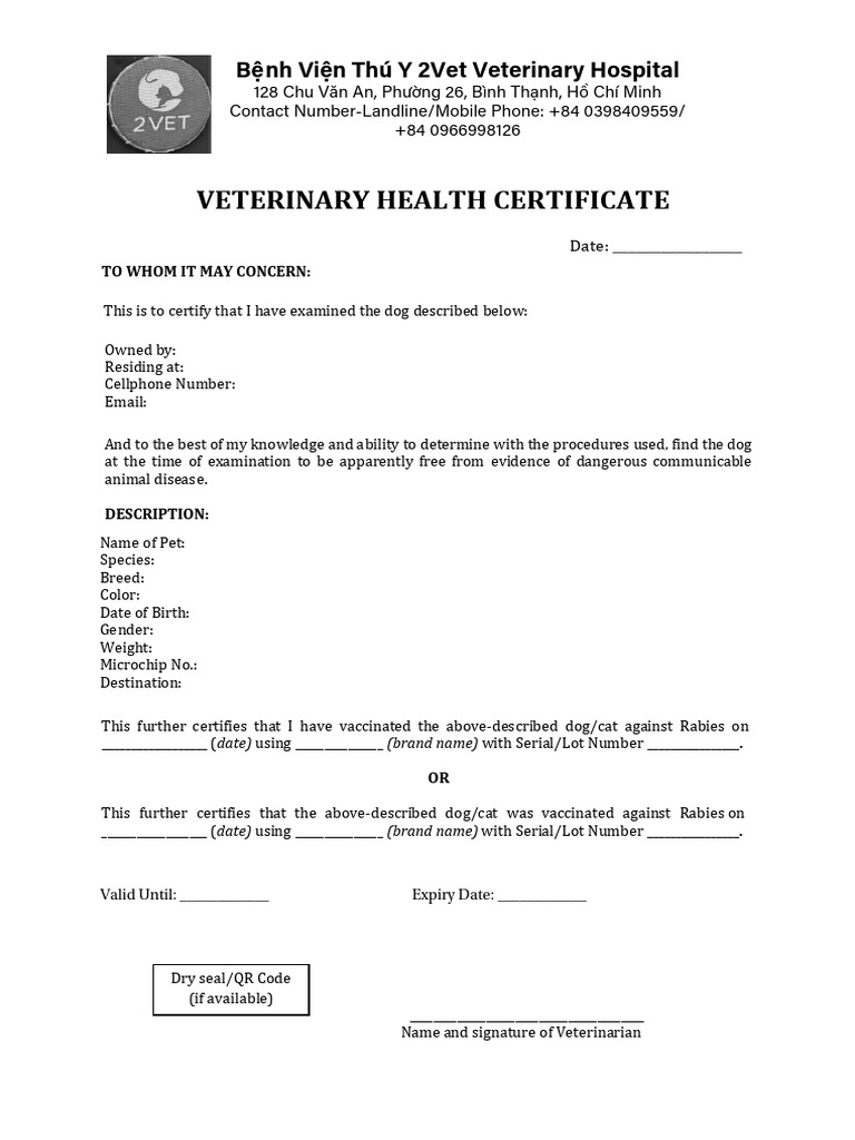 VETERINARY HEALTH CERTIFICATE For 2VET | PDF